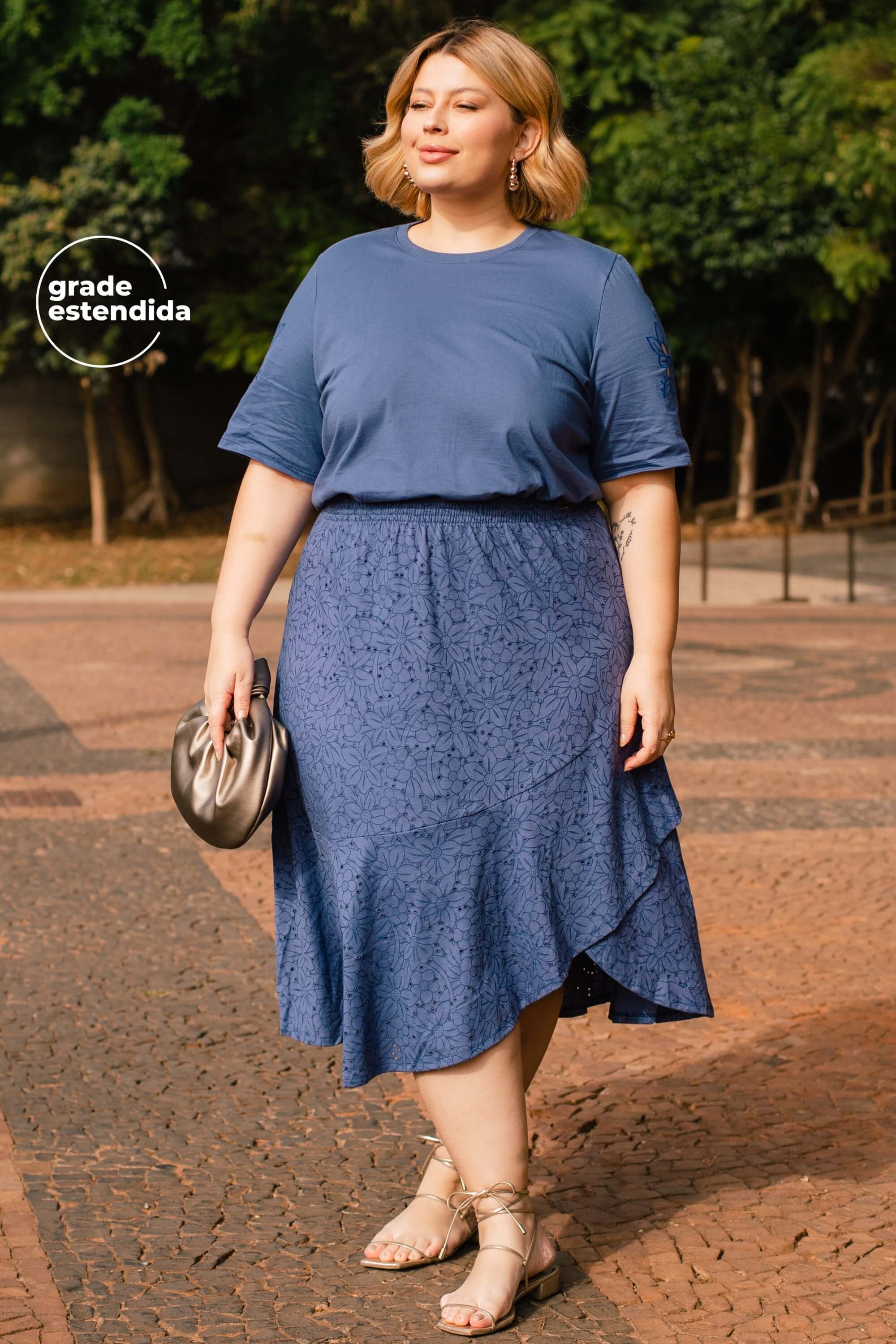 Saia Feminina Midi Devorê Marialícia Azul - Elian